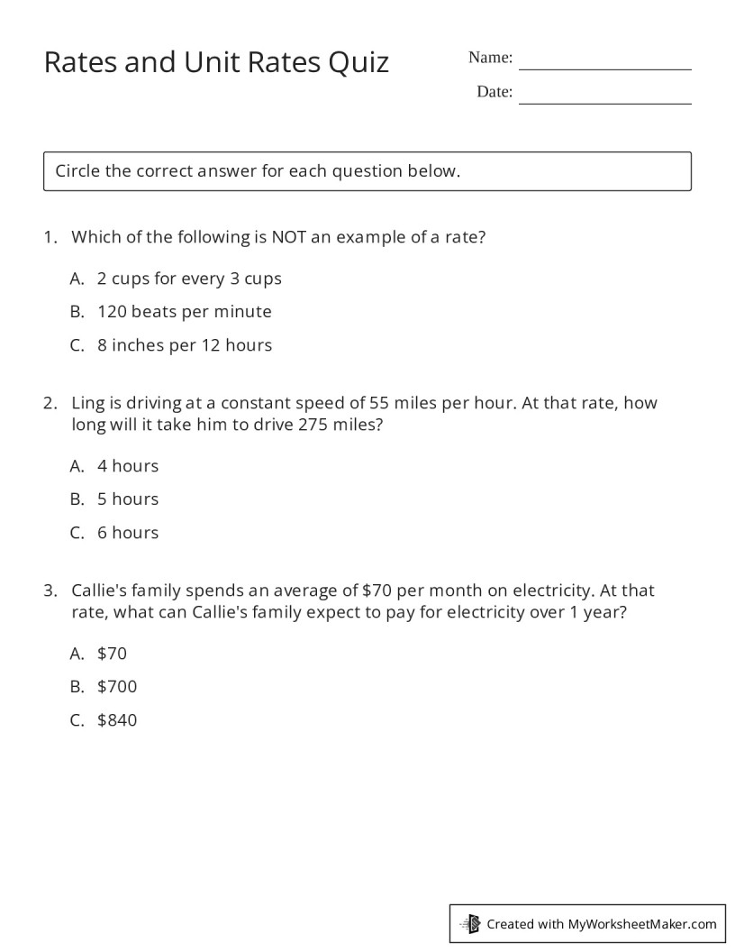 Rates and Unit Rates Quiz - My Worksheet Maker: Create Your Own Worksheets