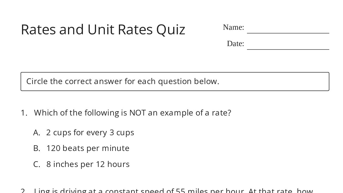 Rates and Unit Rates Quiz - My Worksheet Maker: Create Your Own Worksheets