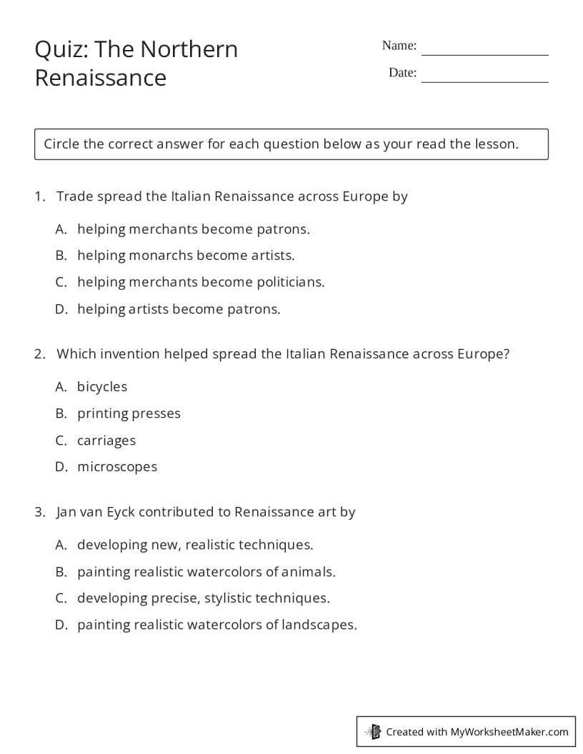 Quiz: The Northern Renaissance - My Worksheet Maker: Create Your Own ...