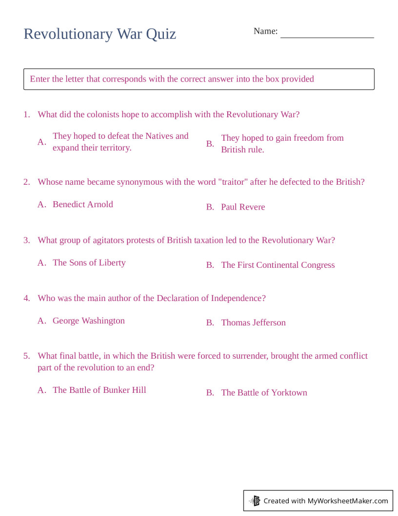 Revolutionary War Quiz - My Worksheet Maker: Create Your Own Worksheets