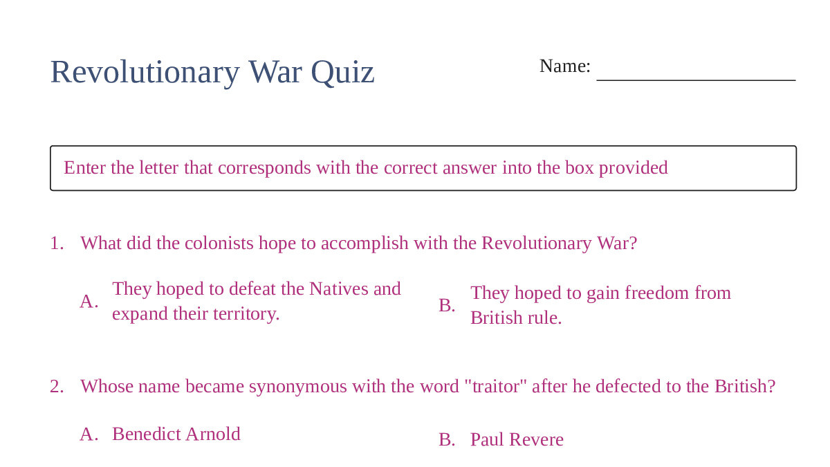 Revolutionary War Quiz - My Worksheet Maker: Create Your Own Worksheets