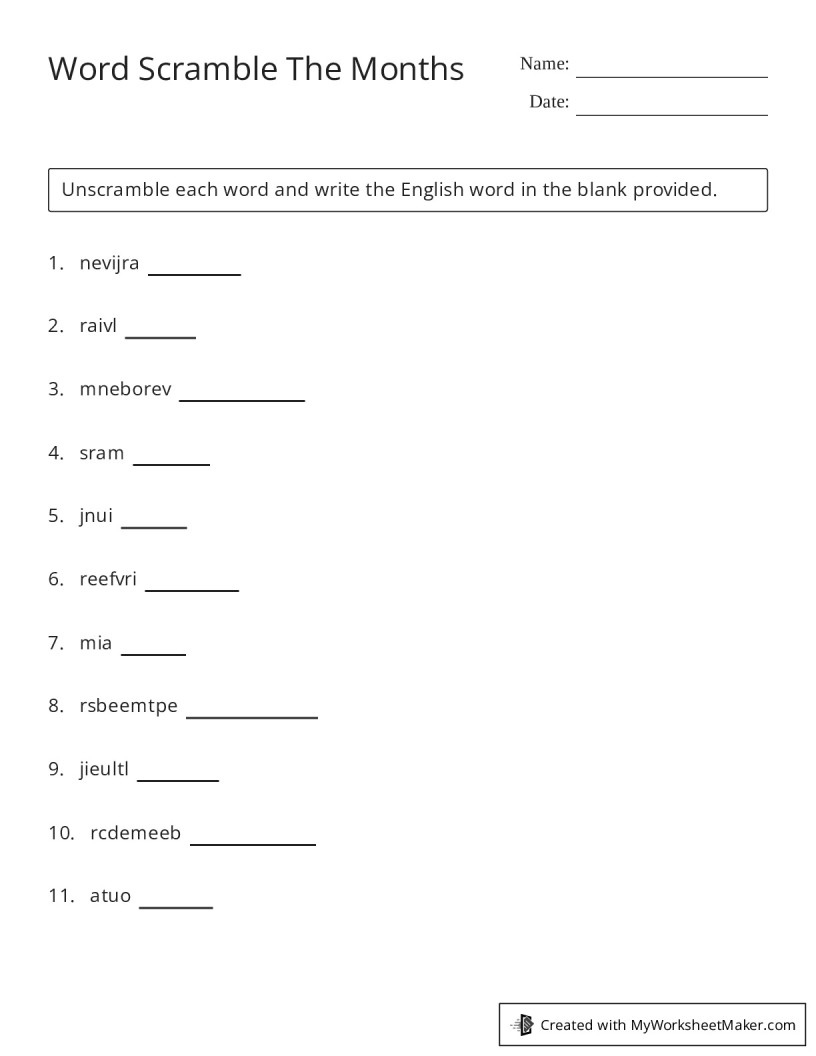 Word Scramble The Months - My Worksheet Maker: Create Your Own Worksheets