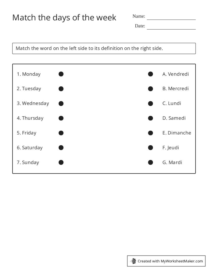 Match the days of the week - My Worksheet Maker: Create Your Own Worksheets