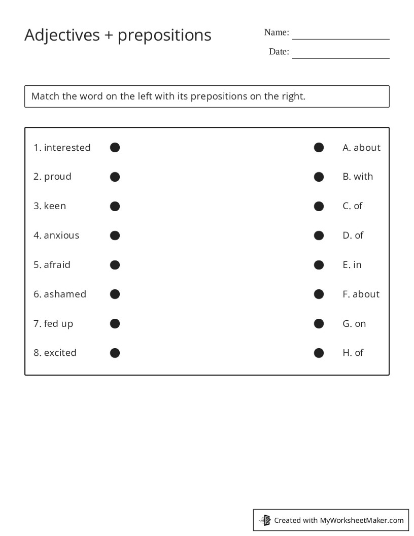 Adjectives + prepositions - My Worksheet Maker: Create Your Own Worksheets