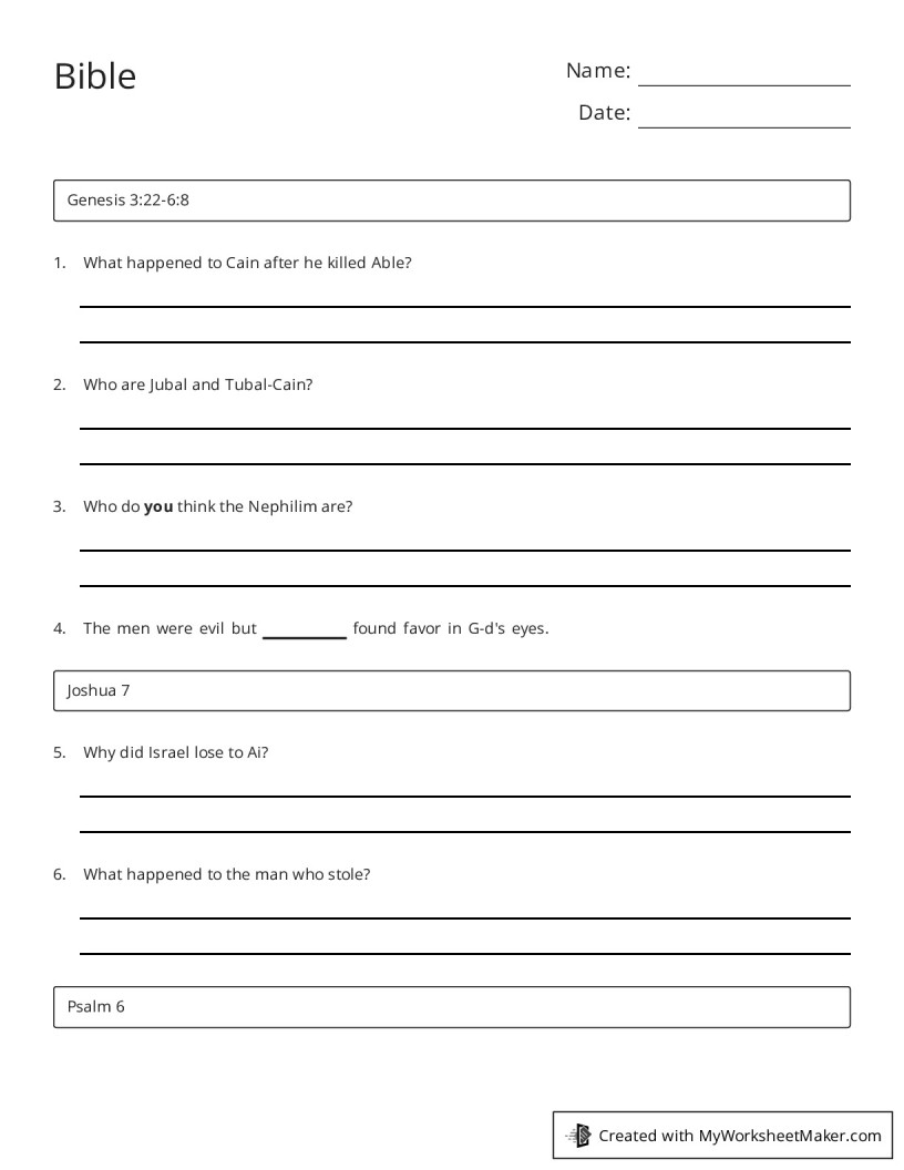 Bible - My Worksheet Maker: Create Your Own Worksheets