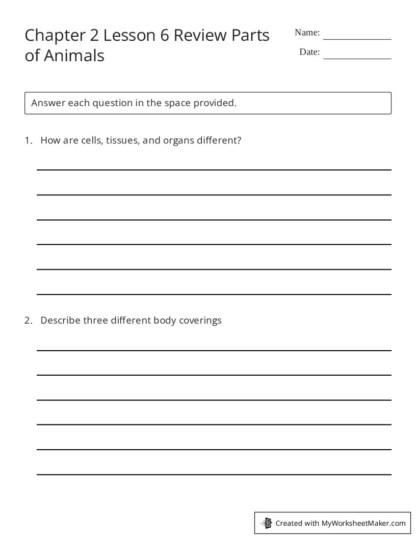 Chapter 2 Lesson 6 Review Parts of Animals - My Worksheet Maker: Create ...
