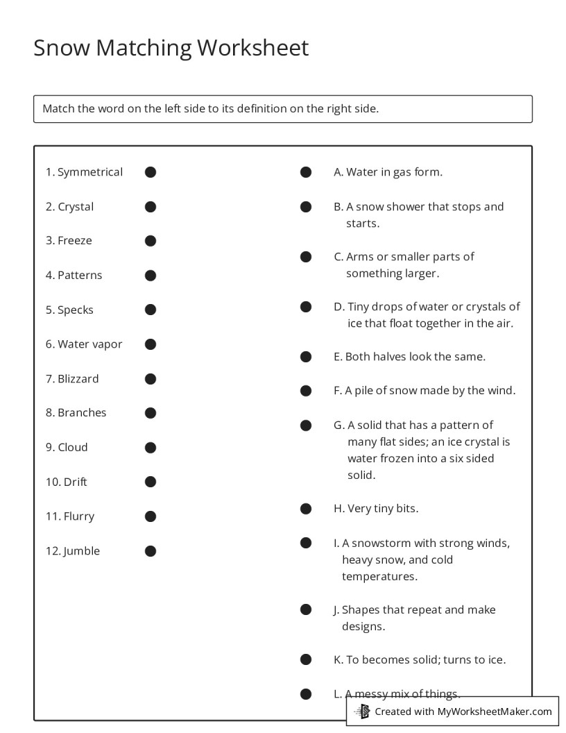 Snow Matching Worksheet - My Worksheet Maker: Create Your Own Worksheets