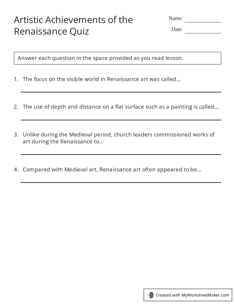 Artistic Achievements of the Renaissance Quiz - My Worksheet Maker ...