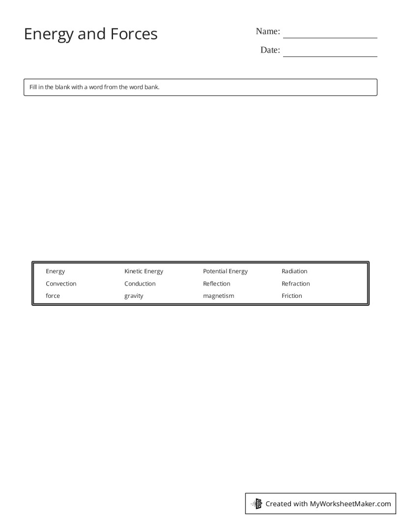 Energy and Forces - My Worksheet Maker: Create Your Own Worksheets