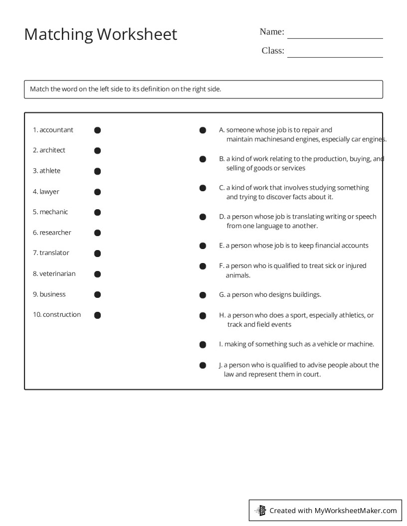 Matching Worksheet - My Worksheet Maker: Create Your Own Worksheets