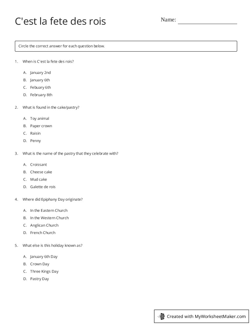 C'est la fete des rois - My Worksheet Maker: Create Your Own Worksheets