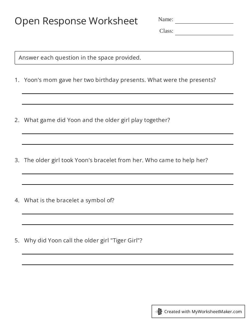 Open Response Worksheet - My Worksheet Maker: Create Your Own Worksheets