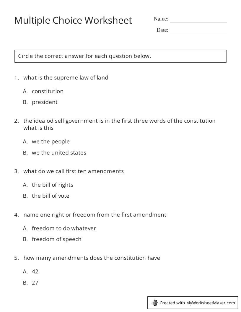Multiple Choice Worksheet - My Worksheet Maker: Create Your Own Worksheets