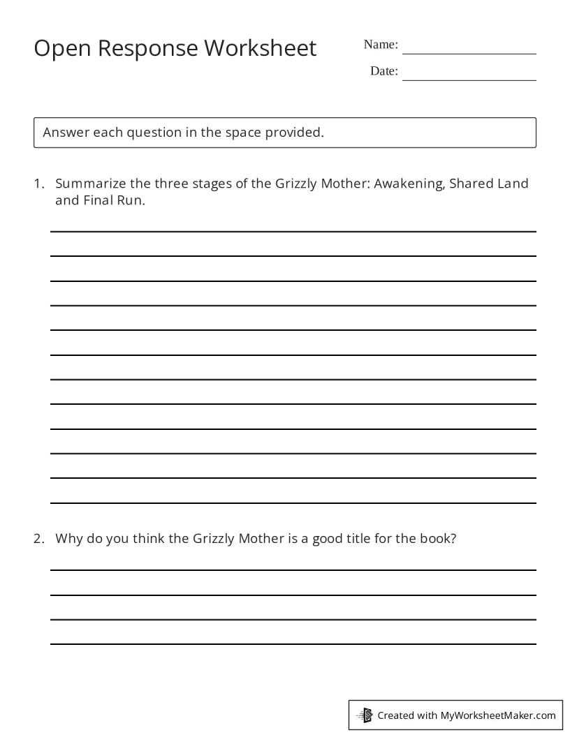 Open Response Worksheet - My Worksheet Maker: Create Your Own Worksheets