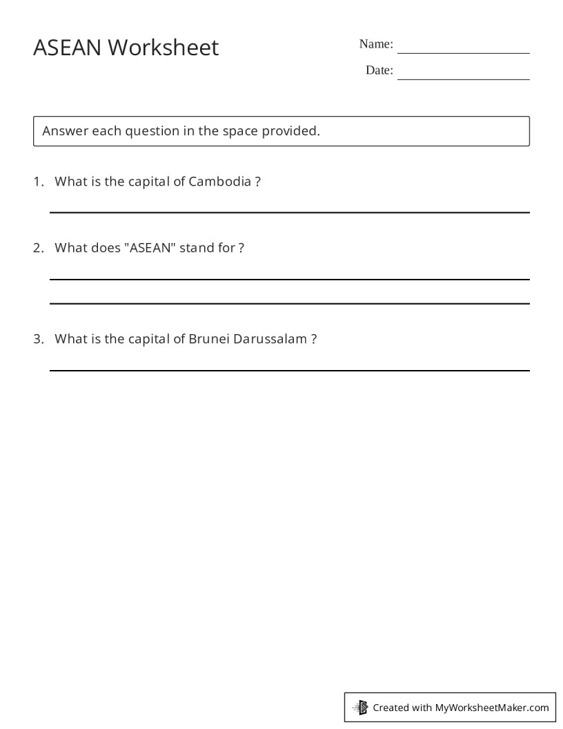 ASEAN Worksheet - My Worksheet Maker: Create Your Own Worksheets