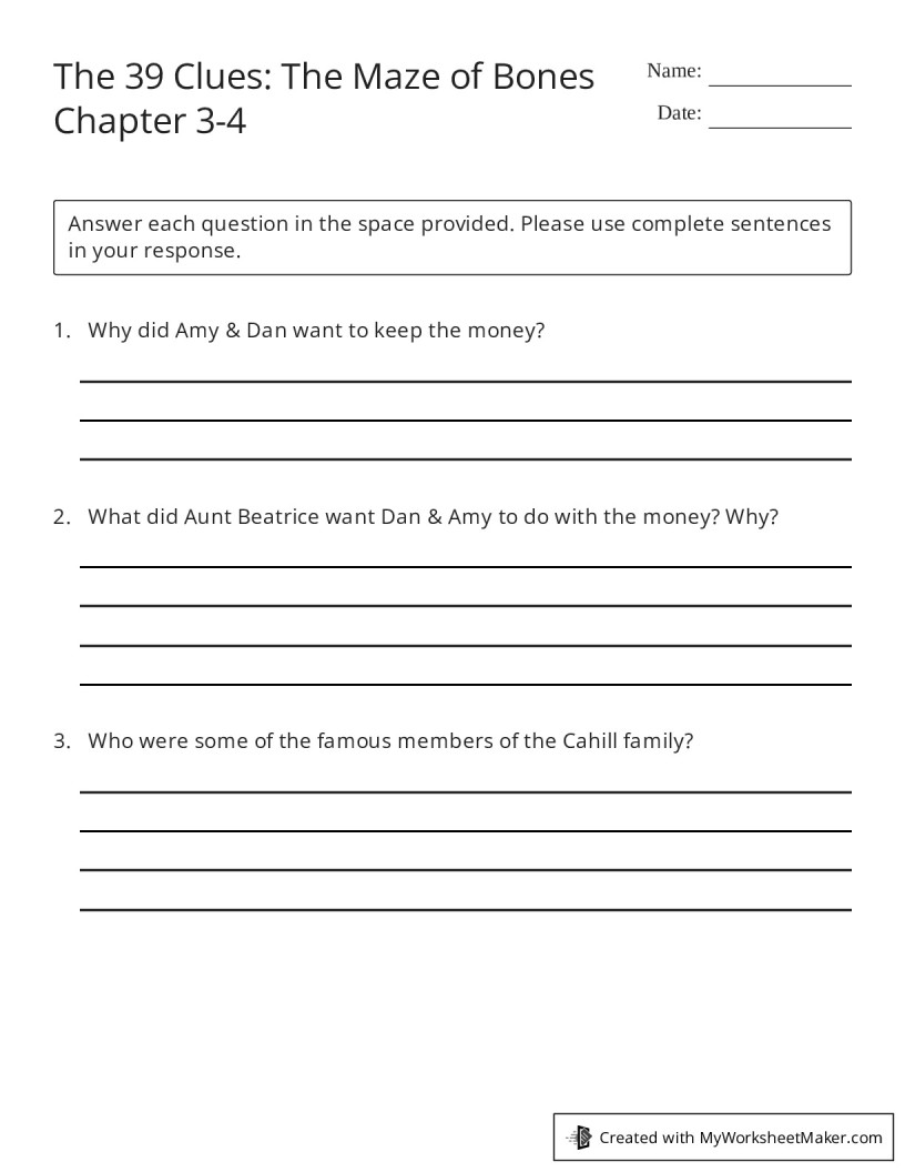 The 39 Clues: The Maze of Bones Chapter 3-4 - My Worksheet Maker ...