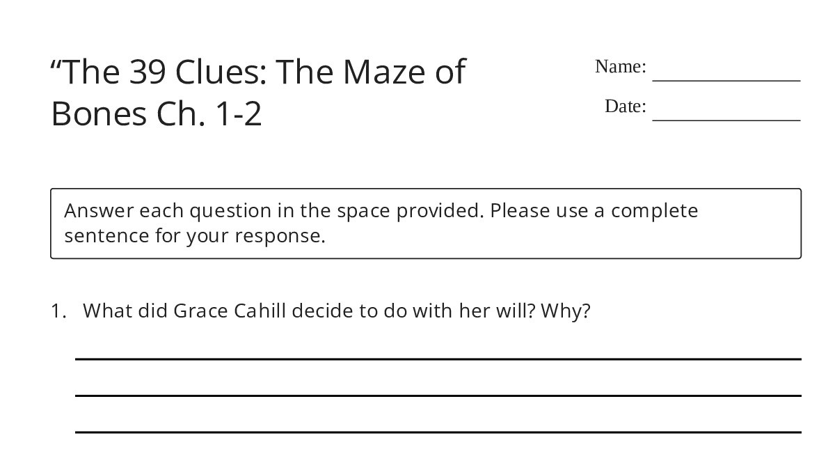 “The 39 Clues: The Maze of Bones Ch. 1-2 - My Worksheet Maker: Create ...