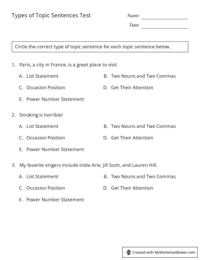 Types of Topic Sentences Test - My Worksheet Maker: Create Your Own ...