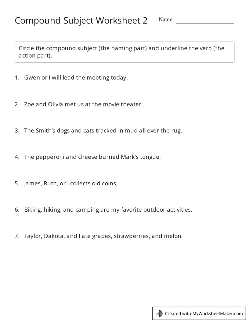 Compound Subject Worksheet 2 - My Worksheet Maker: Create Your Own ...