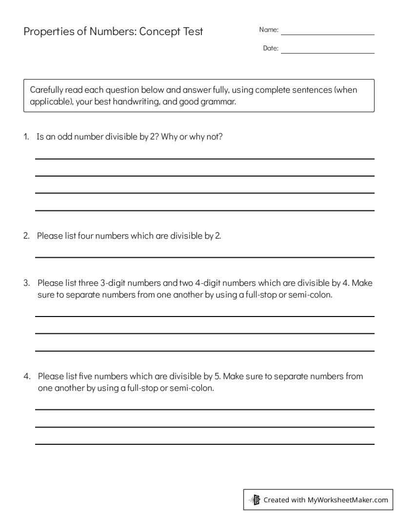Properties of Numbers: Concept Test - My Worksheet Maker: Create Your ...