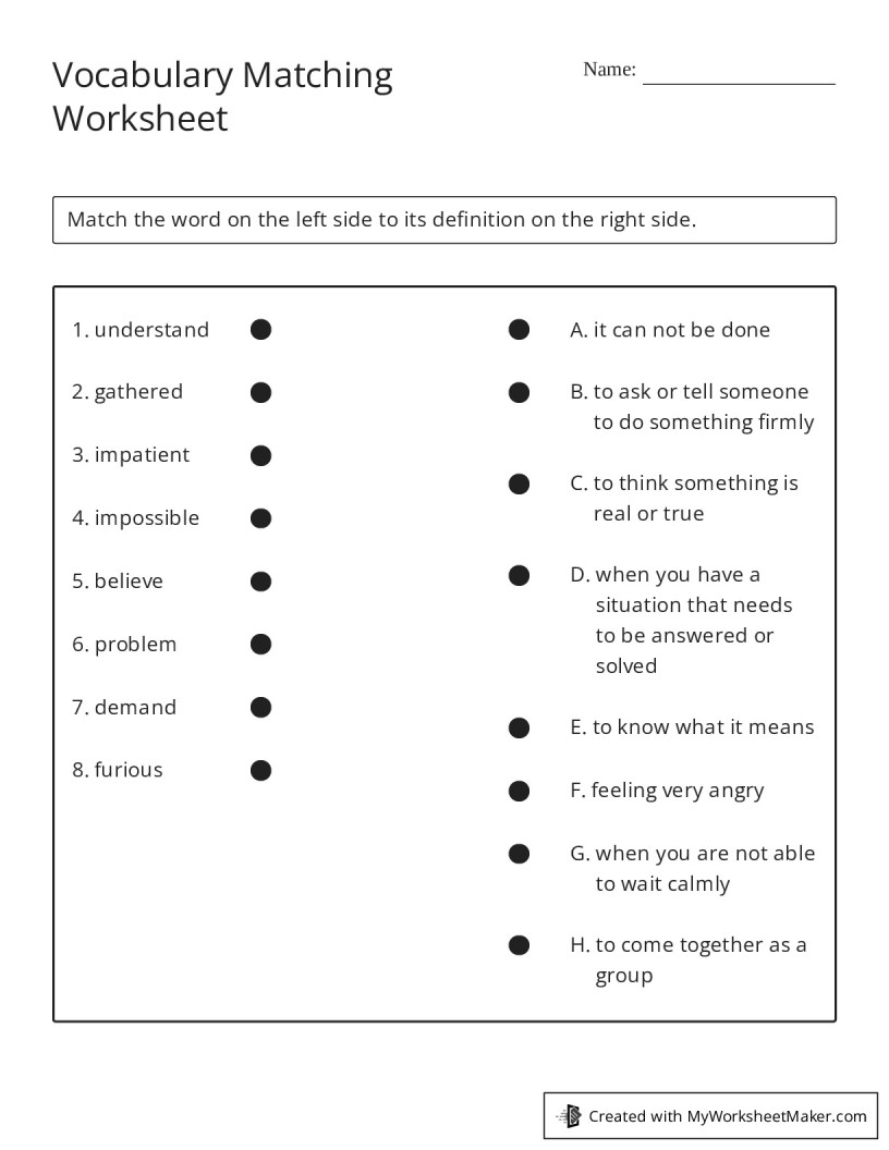 Vocabulary Matching Worksheet - My Worksheet Maker: Create Your Own ...