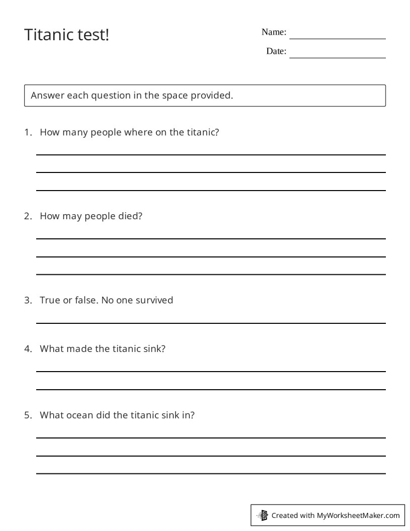 Titanic test! - My Worksheet Maker: Create Your Own Worksheets