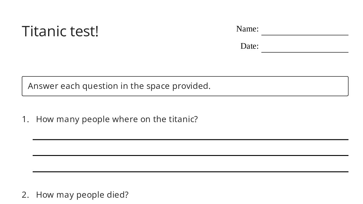 Titanic test! - My Worksheet Maker: Create Your Own Worksheets