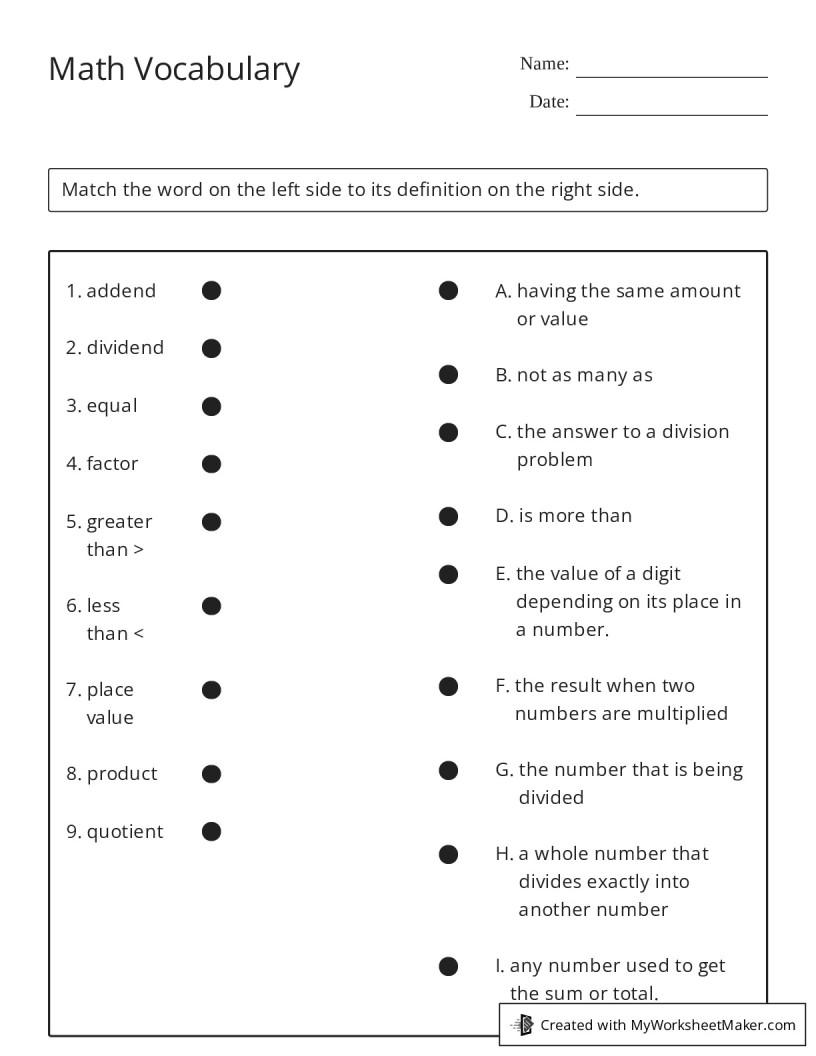 Math Vocabulary - My Worksheet Maker: Create Your Own Worksheets