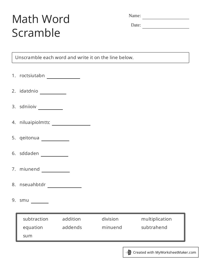 Math Word Scramble - My Worksheet Maker: Create Your Own Worksheets