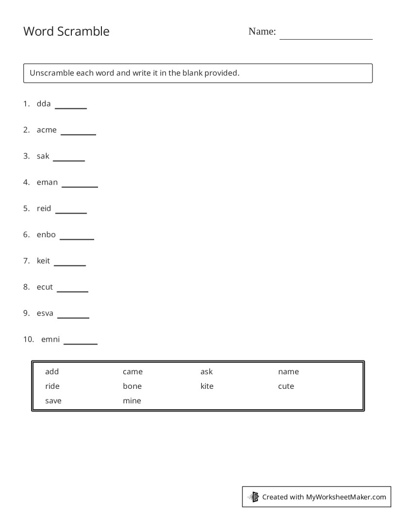Word Scramble - My Worksheet Maker: Create Your Own Worksheets
