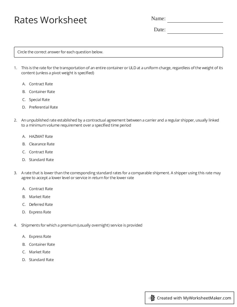 Rates Worksheet - My Worksheet Maker: Create Your Own Worksheets