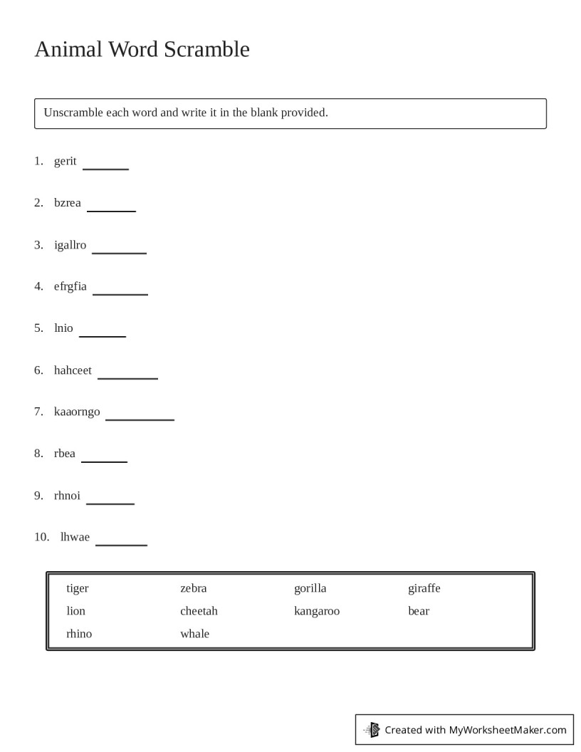 Animal Word Scramble - My Worksheet Maker: Create Your Own Worksheets
