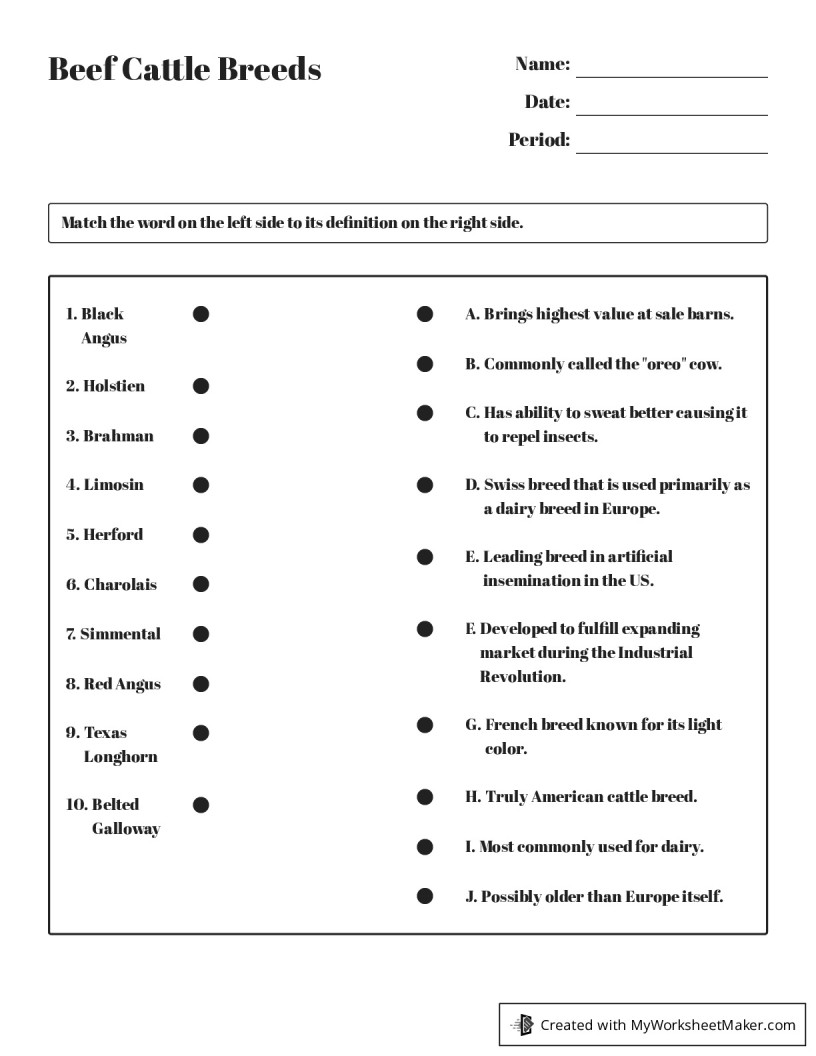 Beef Cattle Breeds - My Worksheet Maker: Create Your Own Worksheets