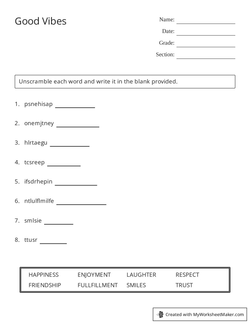 Good Vibes - My Worksheet Maker: Create Your Own Worksheets