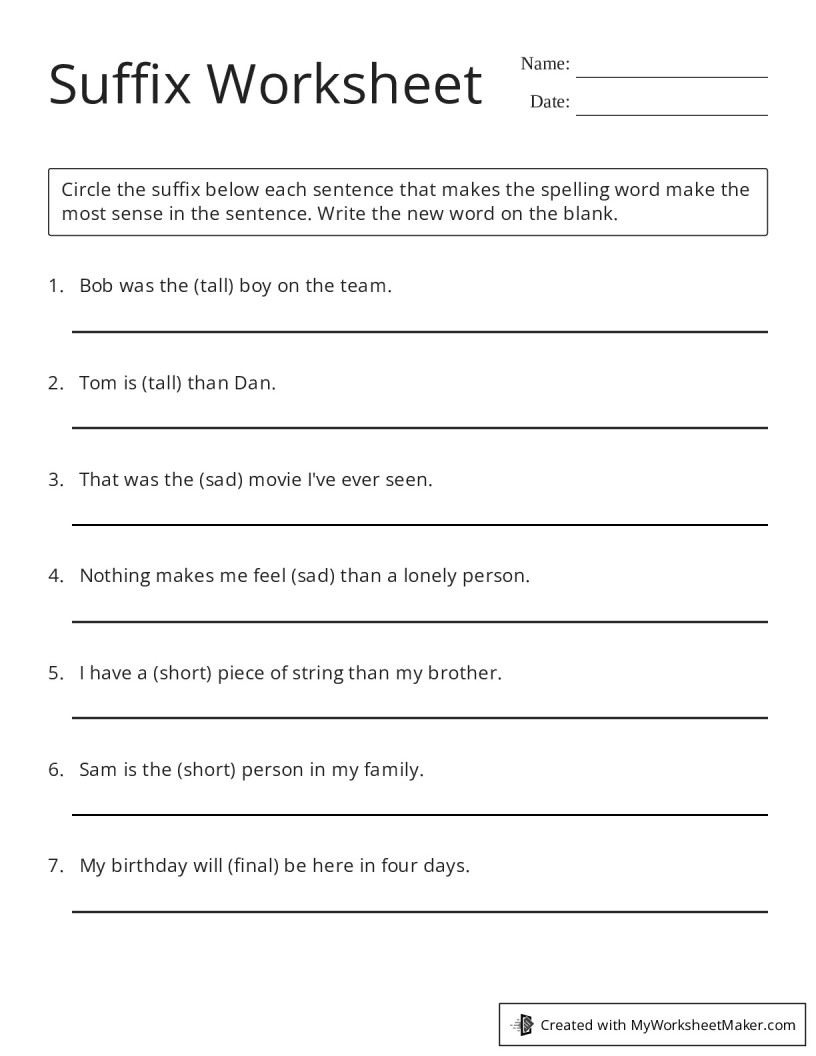 Suffix Worksheet - My Worksheet Maker: Create Your Own Worksheets