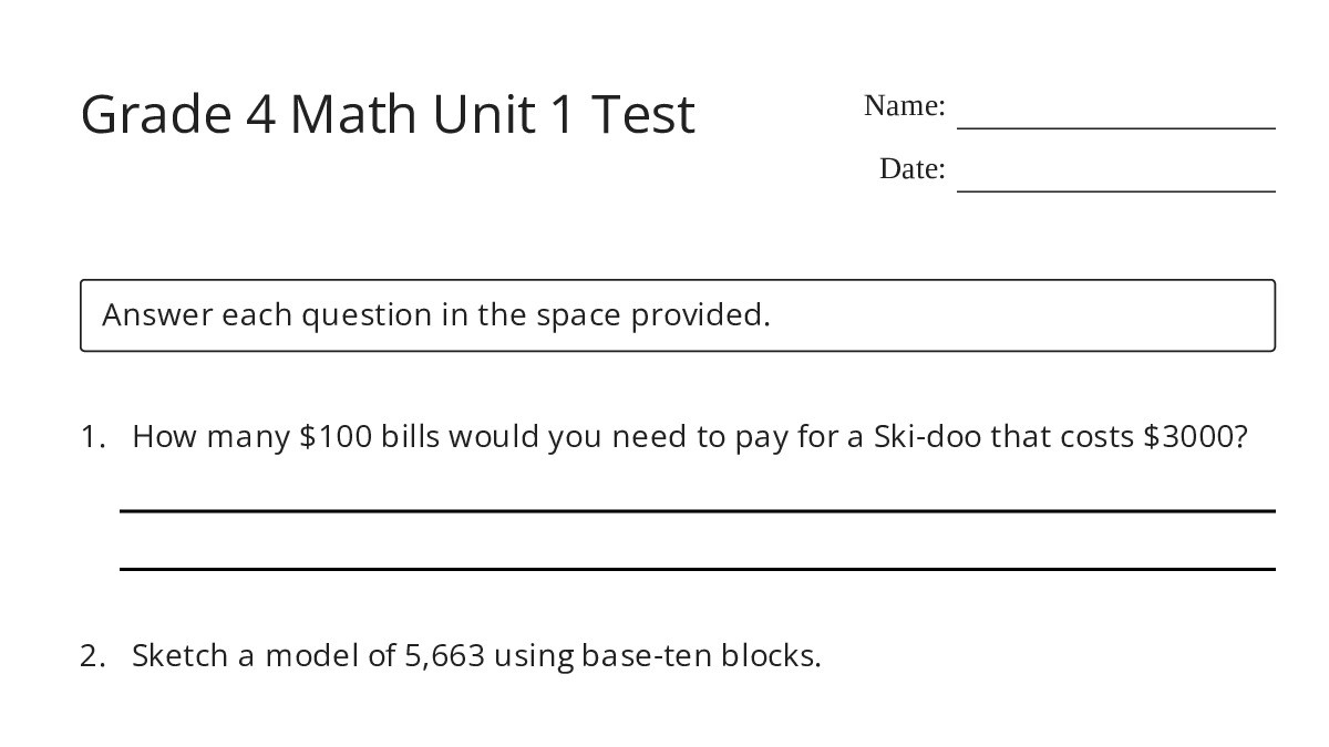 Grade 4 Math Unit 1 Test - My Worksheet Maker: Create Your Own Worksheets