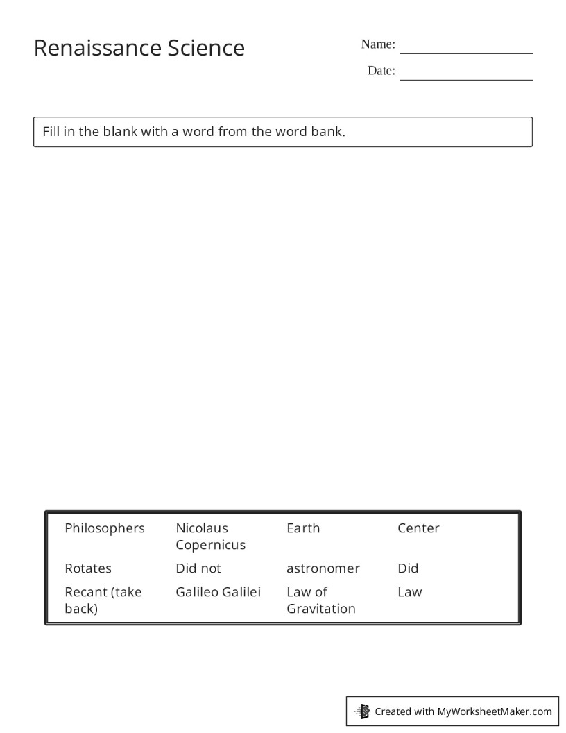 Renaissance Science - My Worksheet Maker: Create Your Own Worksheets