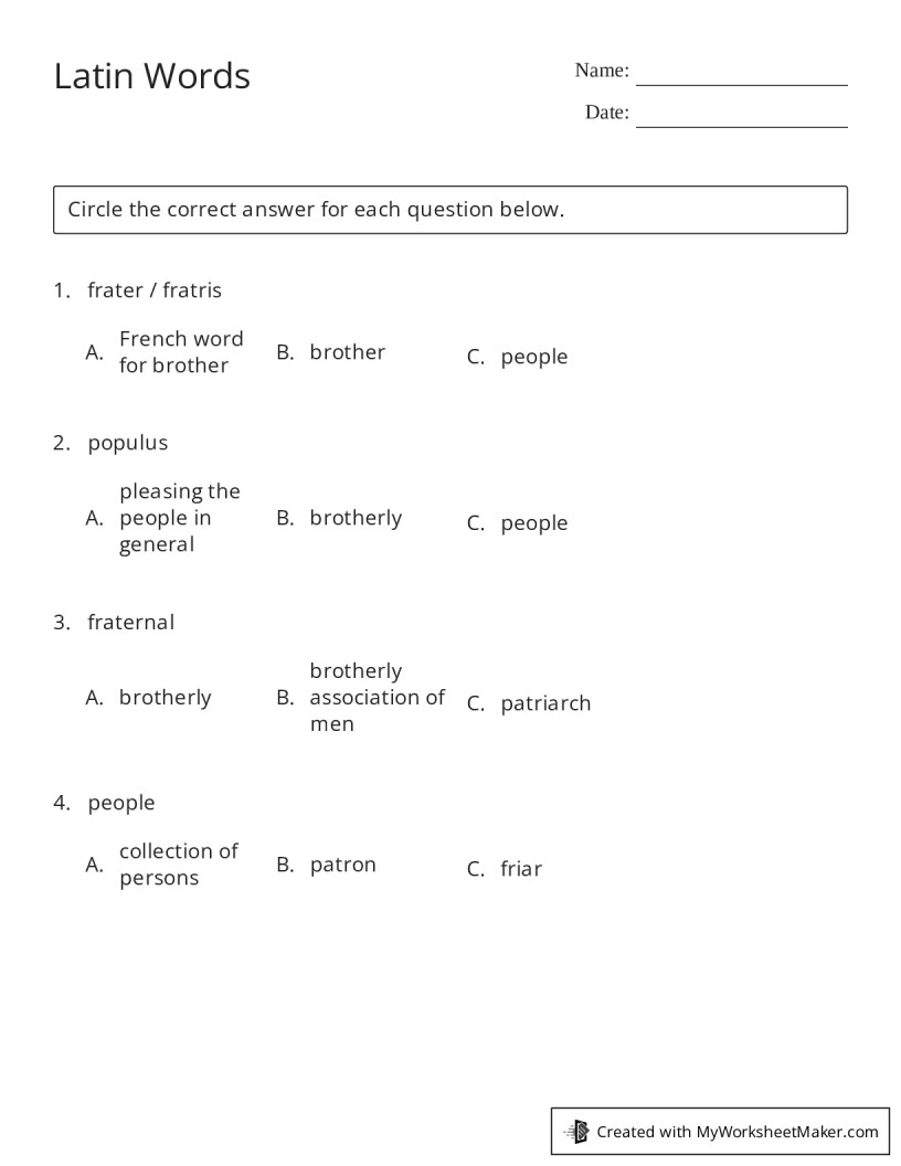 Latin Words - My Worksheet Maker: Create Your Own Worksheets