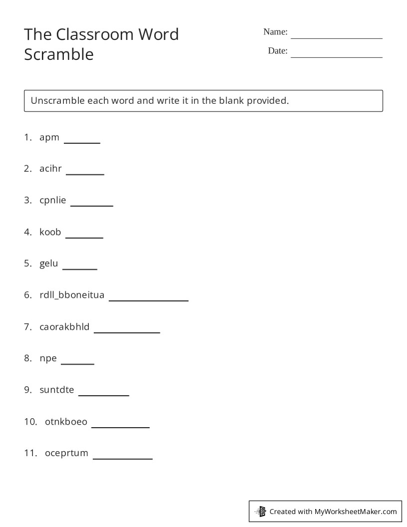 The Classroom Word Scramble - My Worksheet Maker: Create Your Own ...