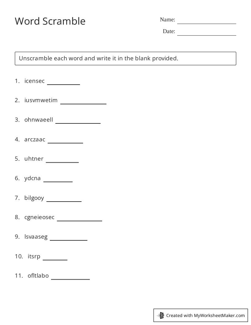 Word Scramble - My Worksheet Maker: Create Your Own Worksheets