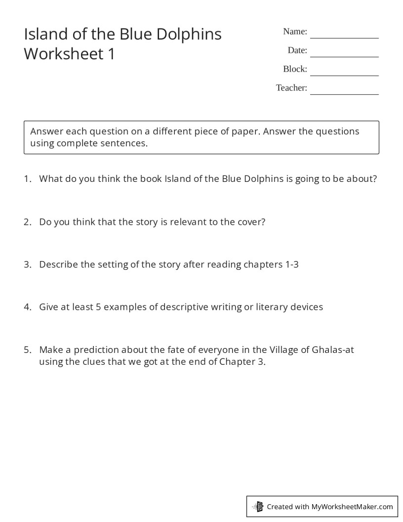 Island of the Blue Dolphins Worksheet 1 - My Worksheet Maker: Create ...