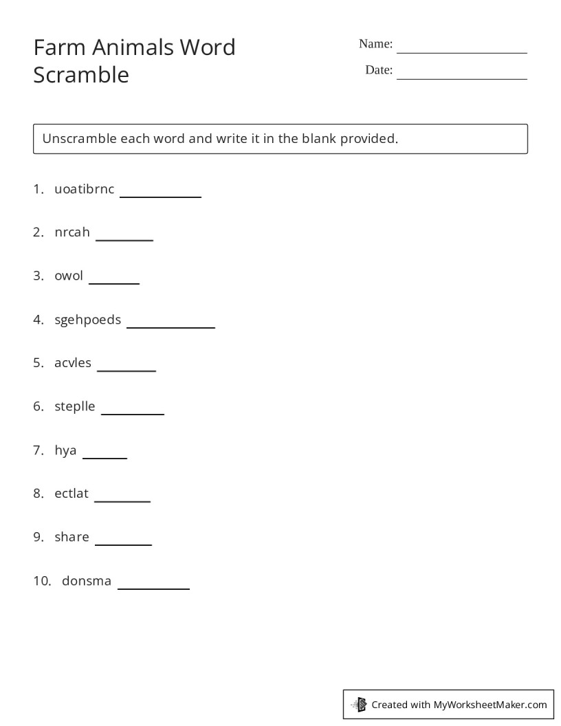 Farm Animals Word Scramble - My Worksheet Maker: Create Your Own Worksheets