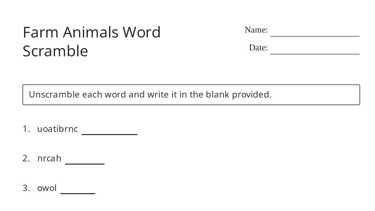 Farm Animals Word Scramble - My Worksheet Maker: Create Your Own Worksheets