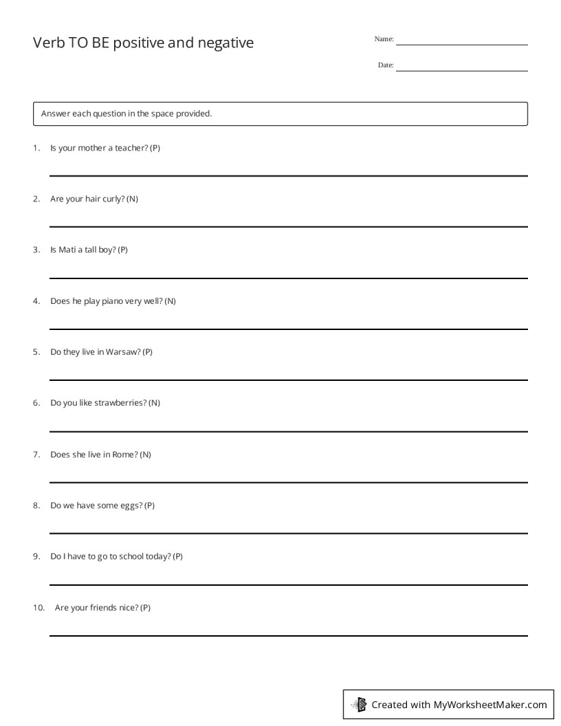 Verb TO BE positive and negative - My Worksheet Maker: Create Your Own ...