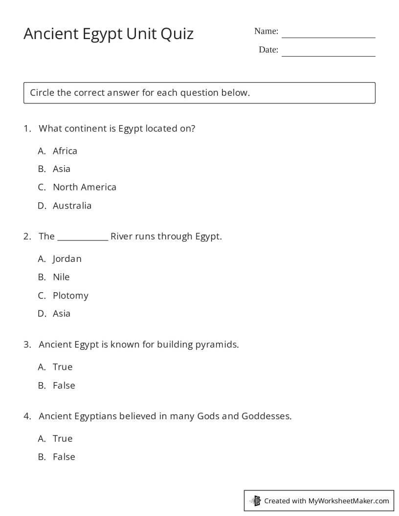 Ancient Egypt Unit Quiz - My Worksheet Maker: Create Your Own Worksheets