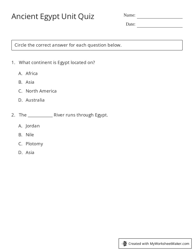 Ancient Egypt Unit Quiz - My Worksheet Maker: Create Your Own Worksheets