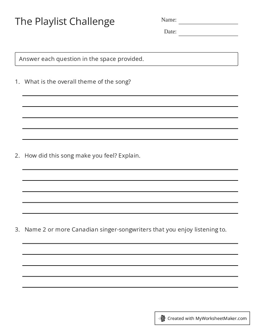 The Playlist Challenge - My Worksheet Maker: Create Your Own Worksheets
