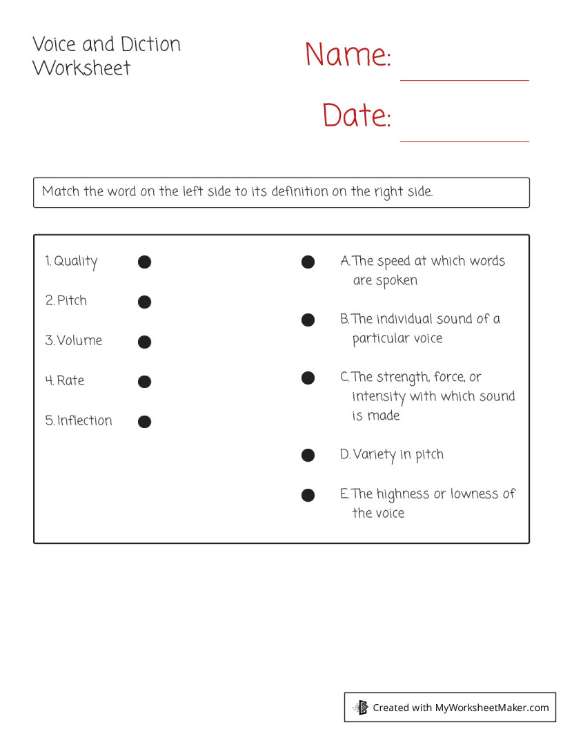 Voice and Diction Worksheet - My Worksheet Maker: Create Your Own ...