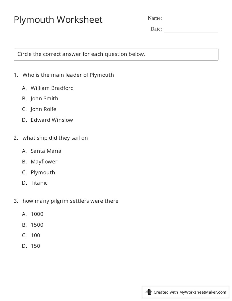 Plymouth Worksheet - My Worksheet Maker: Create Your Own Worksheets