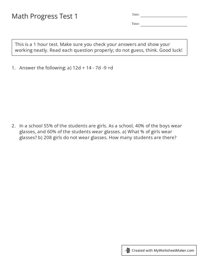 Math Progress Test 1 - My Worksheet Maker: Create Your Own Worksheets